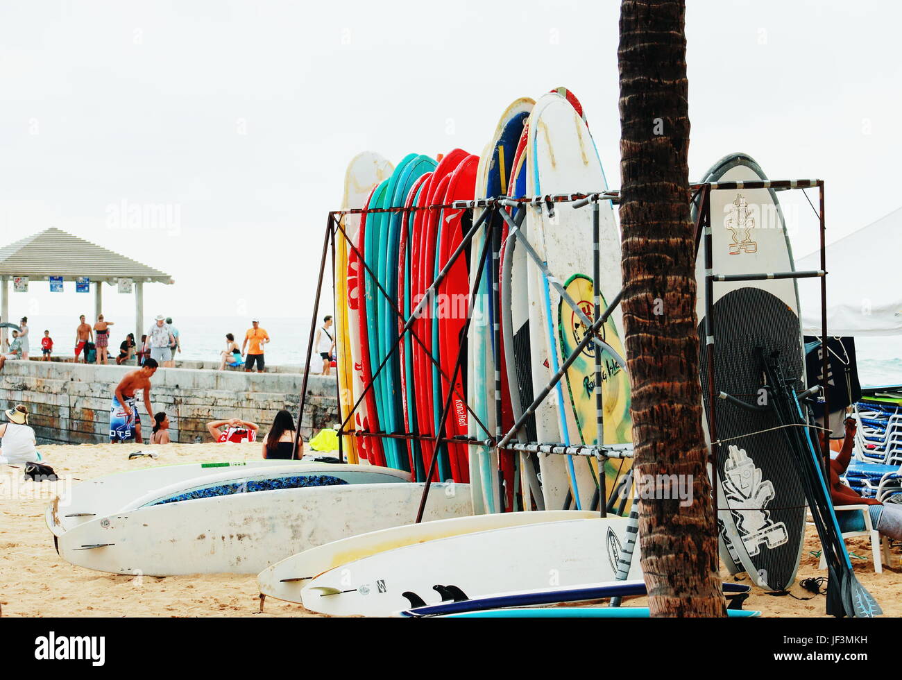 Honolulu, Hawaii, USA - May 28, 2016: Surfboards lined up along Waikiki ...