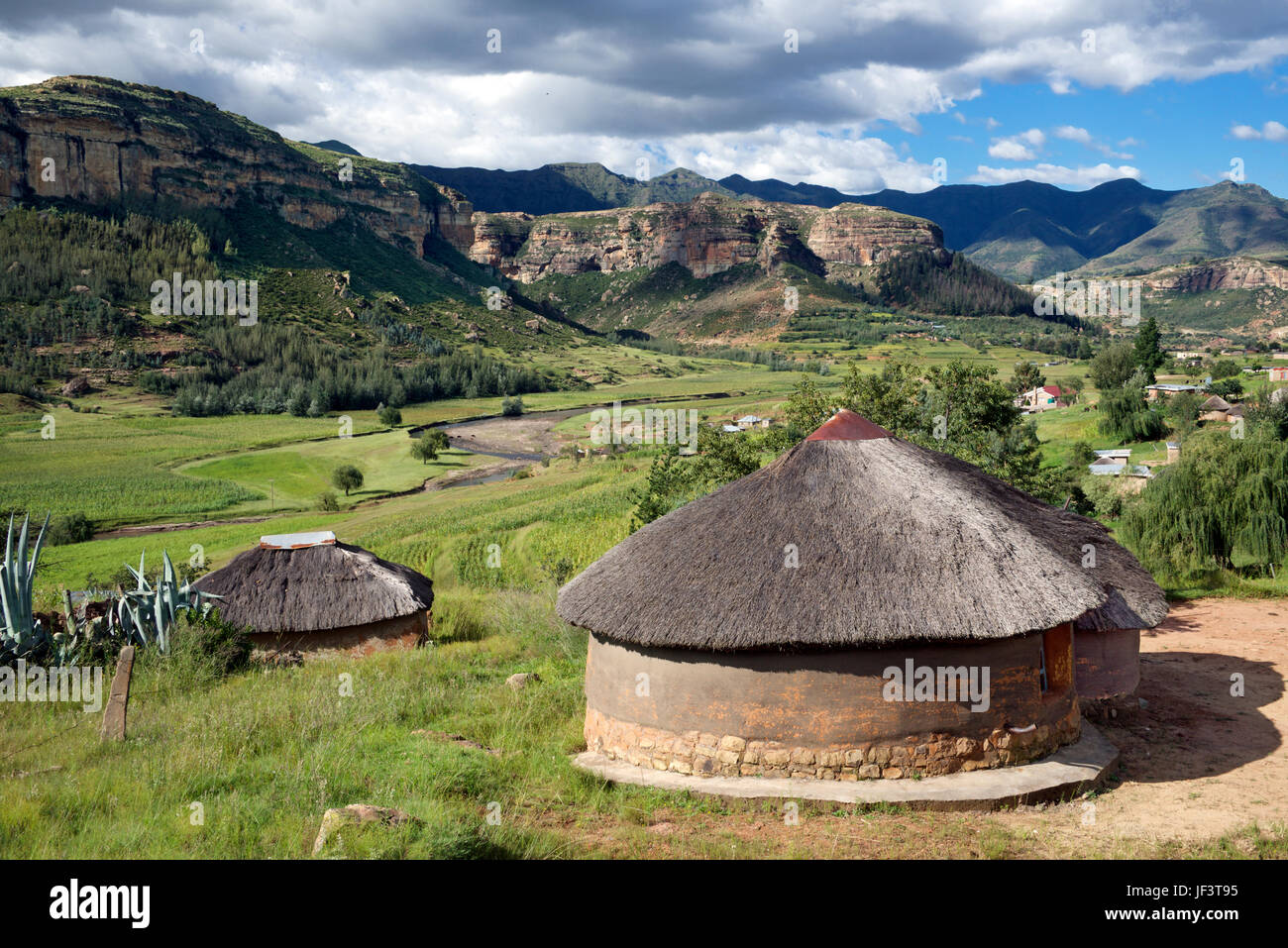 Landscape Hlotse River Valley with thatched rondavel houses Leribe ...