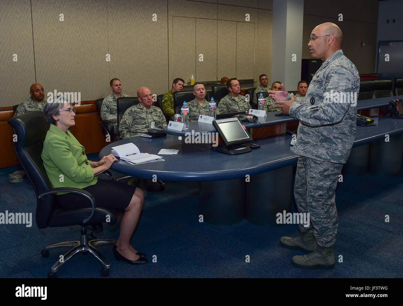 Col. David Miller, Jr., 460th Space Wing commander, briefs Secretary of ...