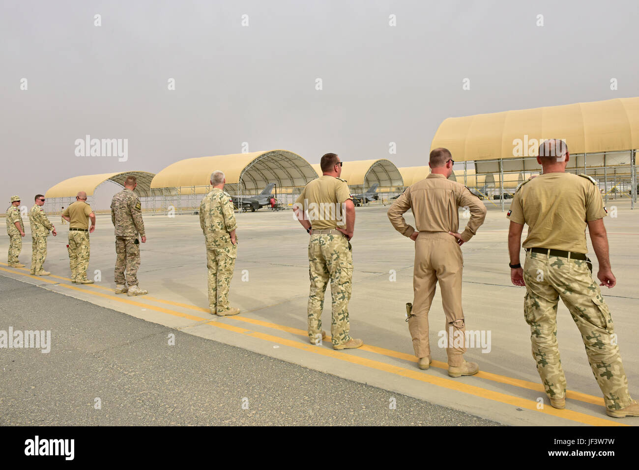Polish air force members line up to conduct a foreign object damage ...