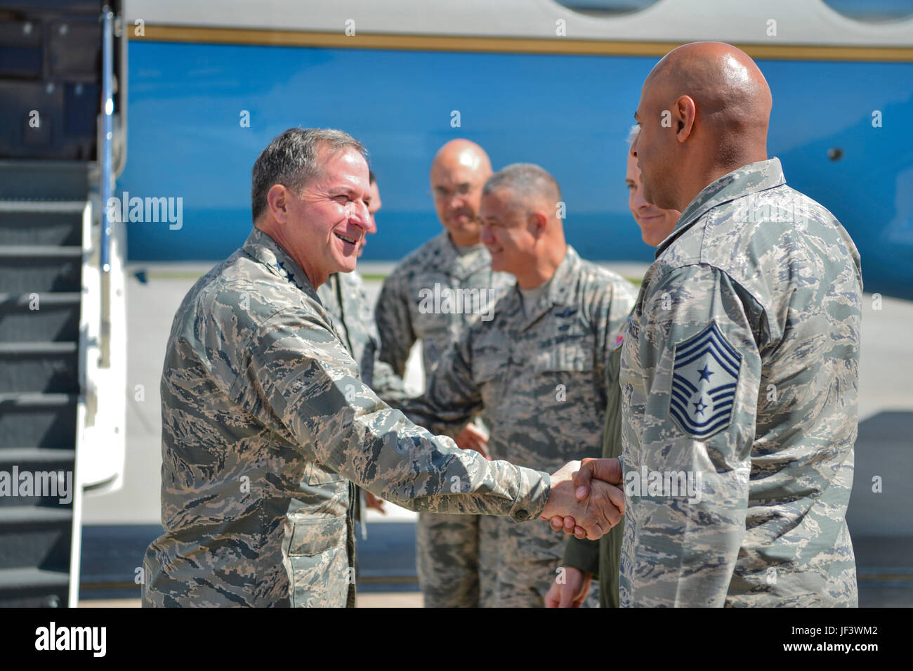 Chief Master Sgt. Rod Lindsey, 460th Space Wing command chief, greets ...