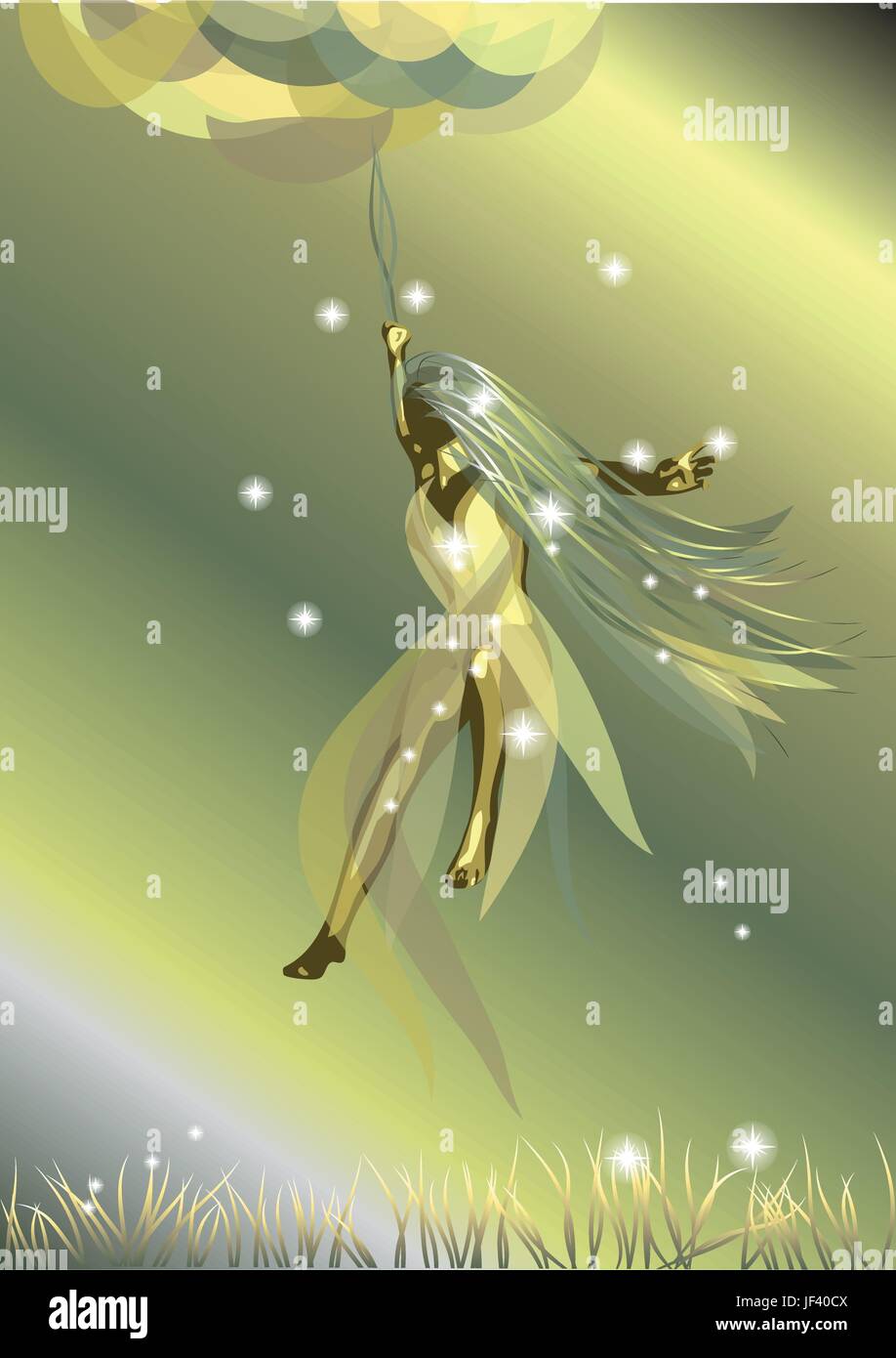 woman, relaxation, flight, cloud, summer, summerly, dream, fantasy ...