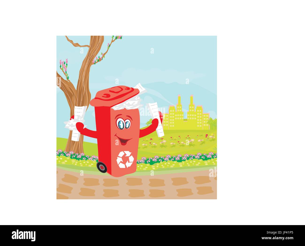 red recycling bin with papers - character illustration Stock Vector ...