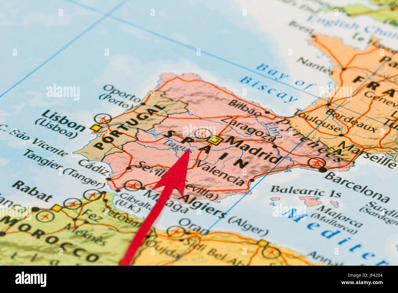 Photo of Spain. Country indicated by red arrow. Country on European ...