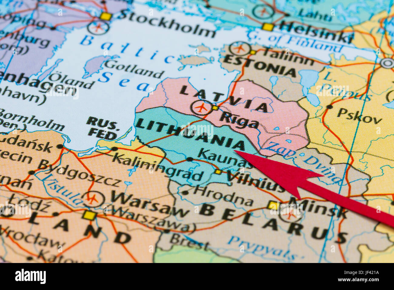 Photo of Lithuania. Country indicated by red arrow. Country on European ...