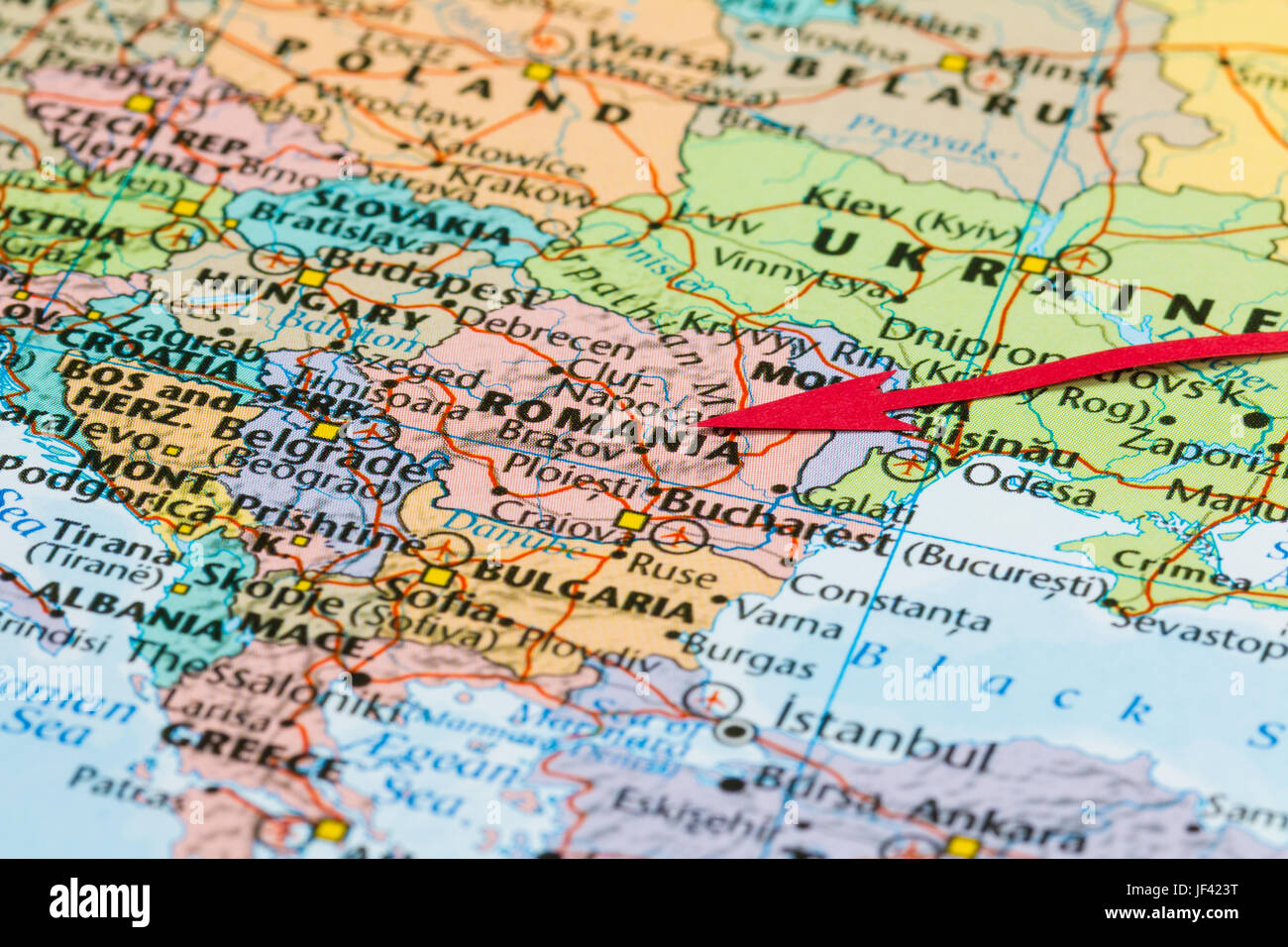 Photo of Romania. Country indicated by red arrow. Country on European ...