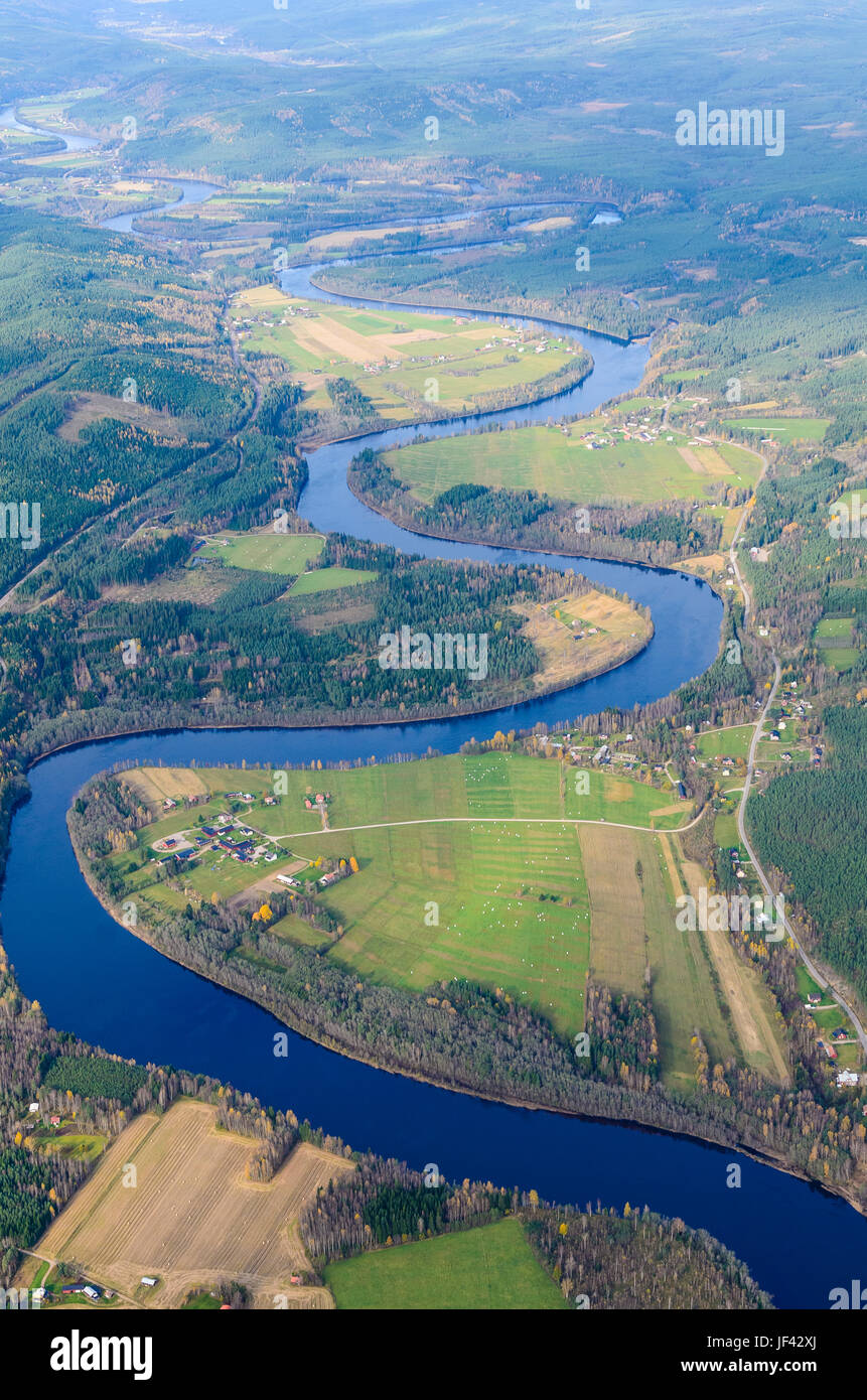 Aerial view of rural scene with river Stock Photo - Alamy