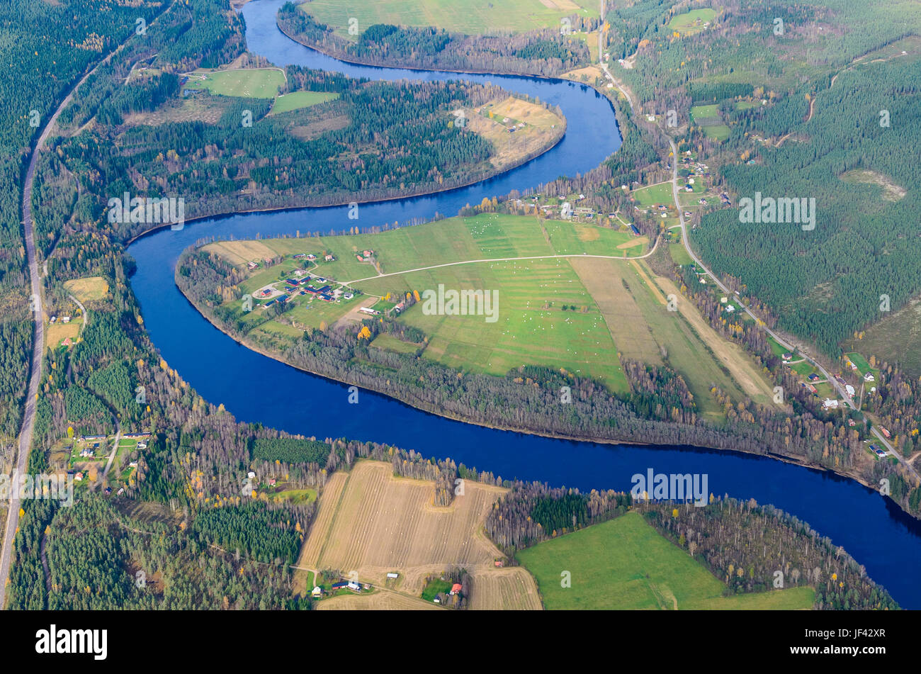 Aerial view of rural scene with river Stock Photo - Alamy
