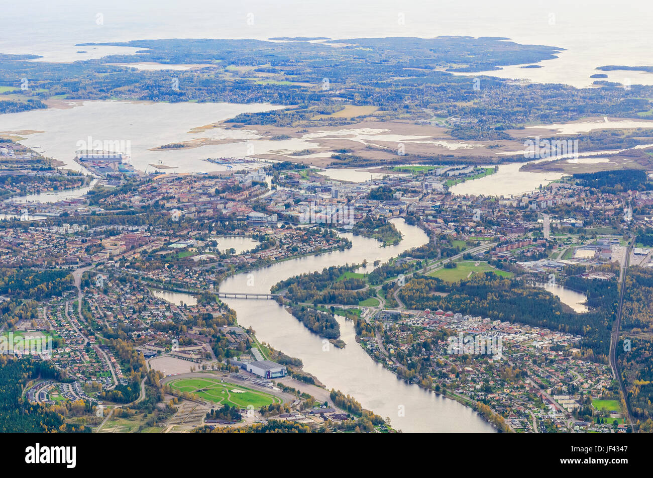 Aerial view of city at river Stock Photo - Alamy