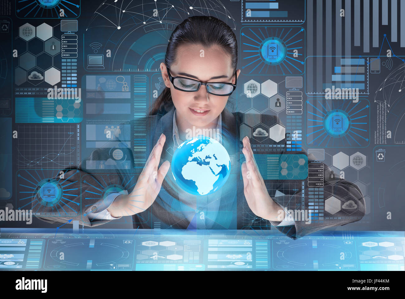 Futuristic media sharing concept with woman Stock Photo - Alamy