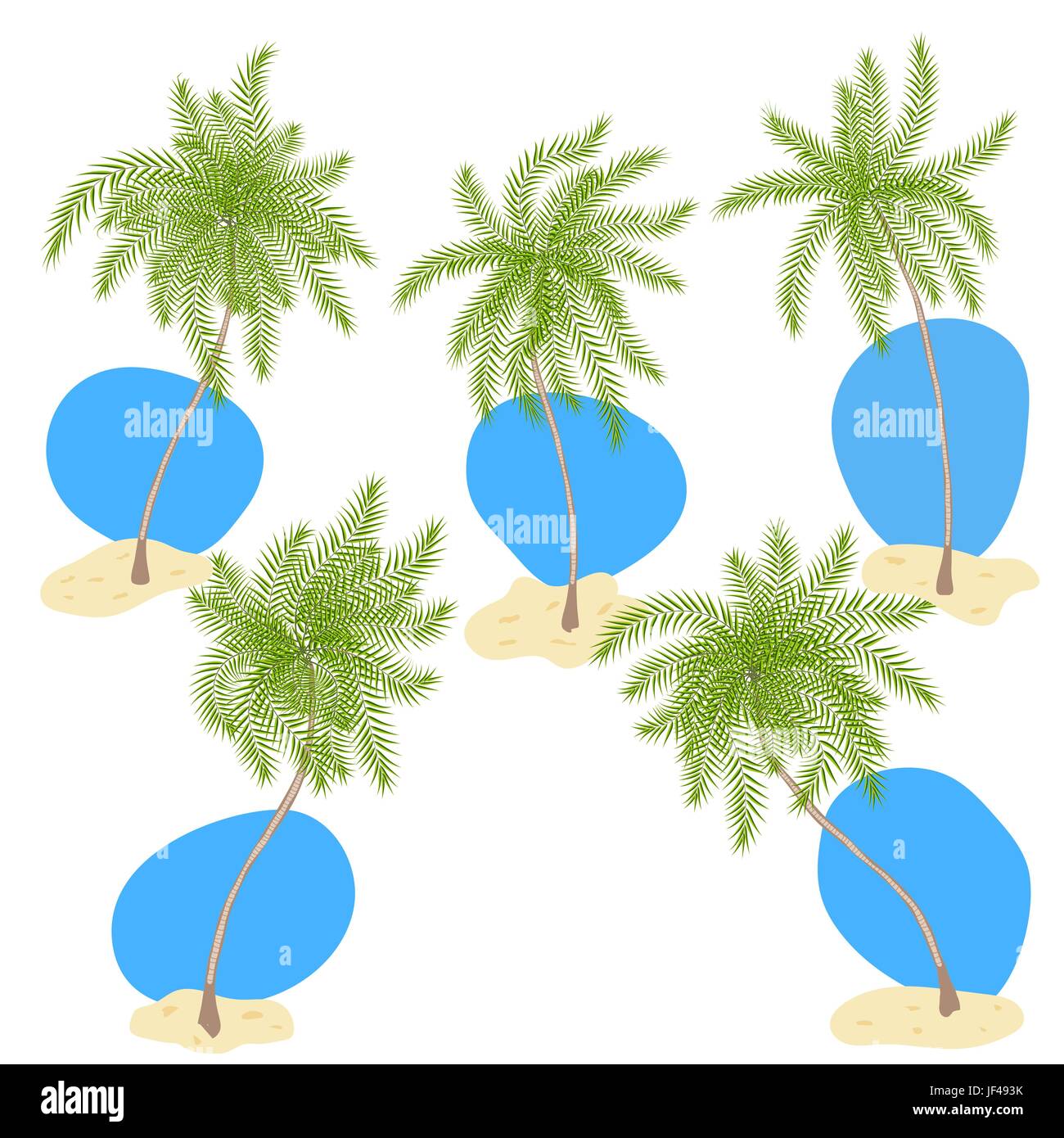 Set of vector cartoon style palm trees with sand and blue sky isolated ...