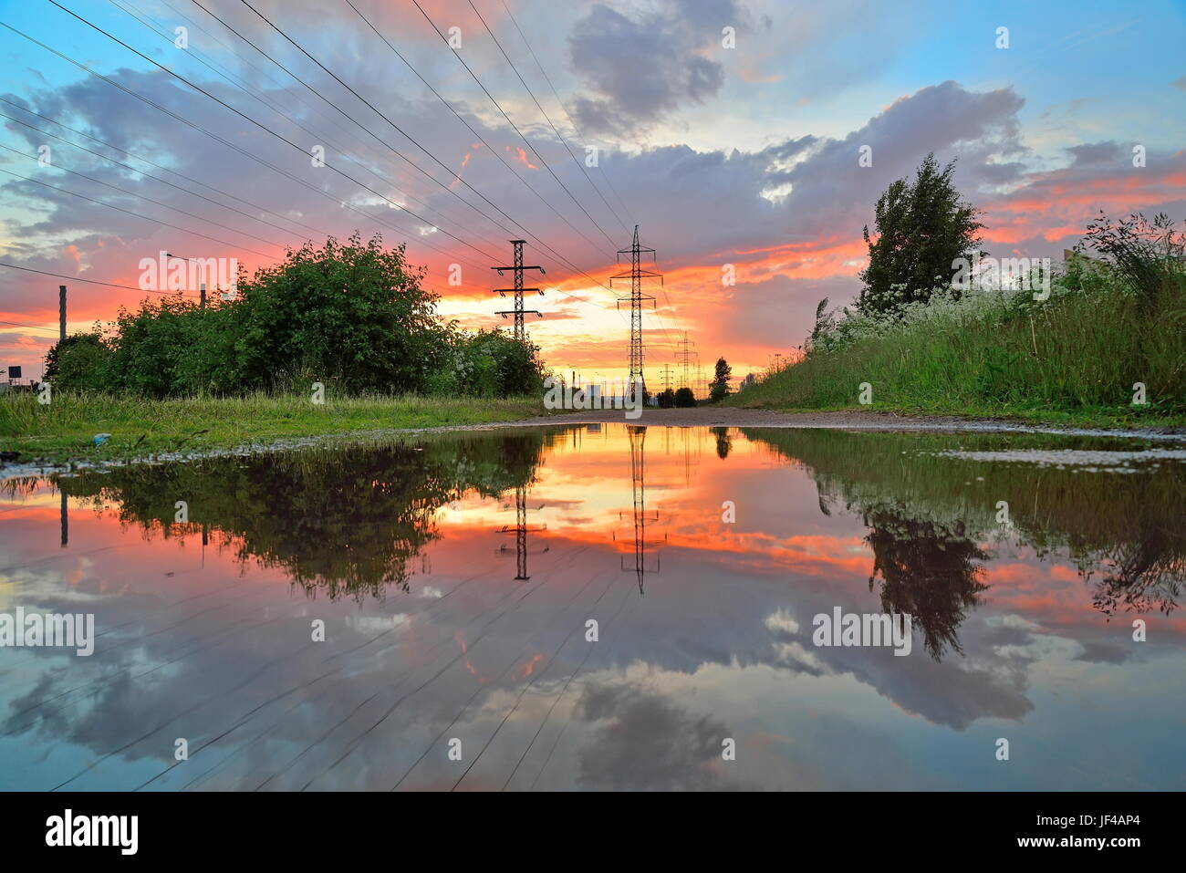 High-power line - power lines are reflected in a puddle after the rain ...
