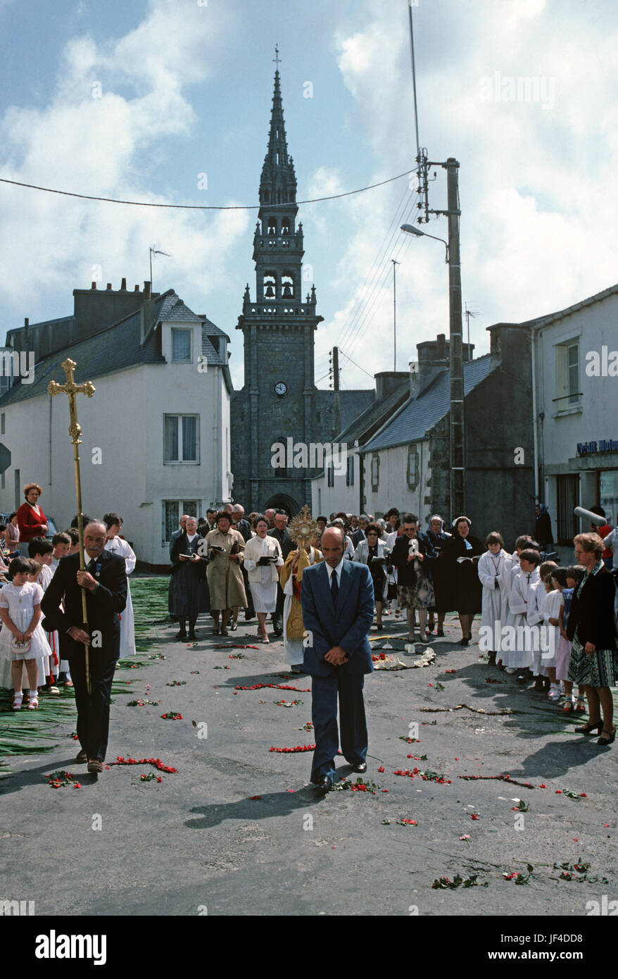 Roman Catholic Holy day procession in village of Lampaul, Island of ...