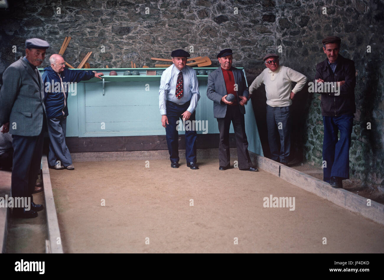 Boule players in indoor Boule court, village of Lampaul, Island of ...