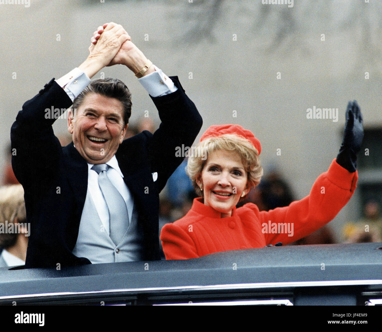 The Reagans waving during the Inaugural Parade on January 20, 1981 ...