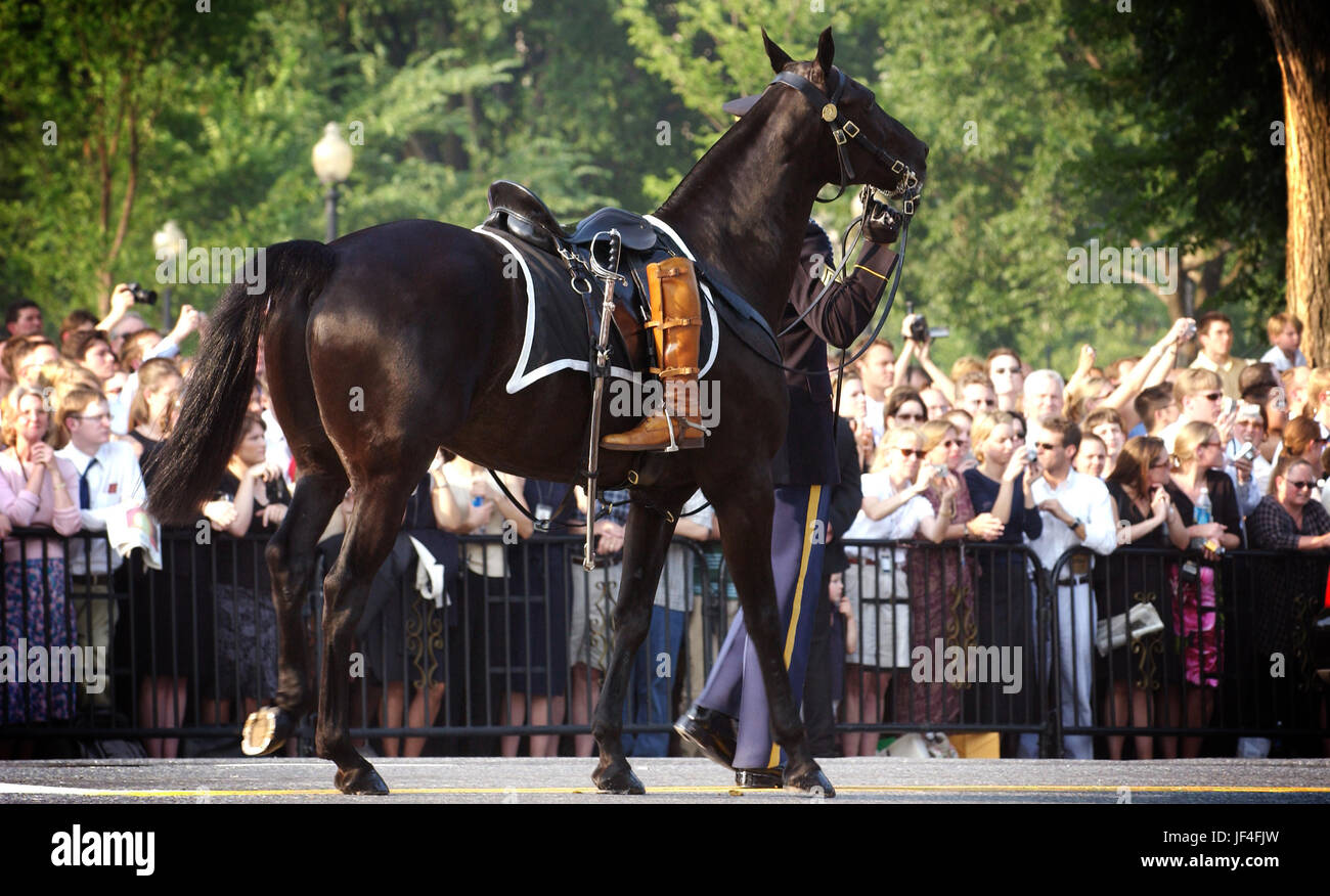A riderless horse follows the caisson bearing former President Ronald ...