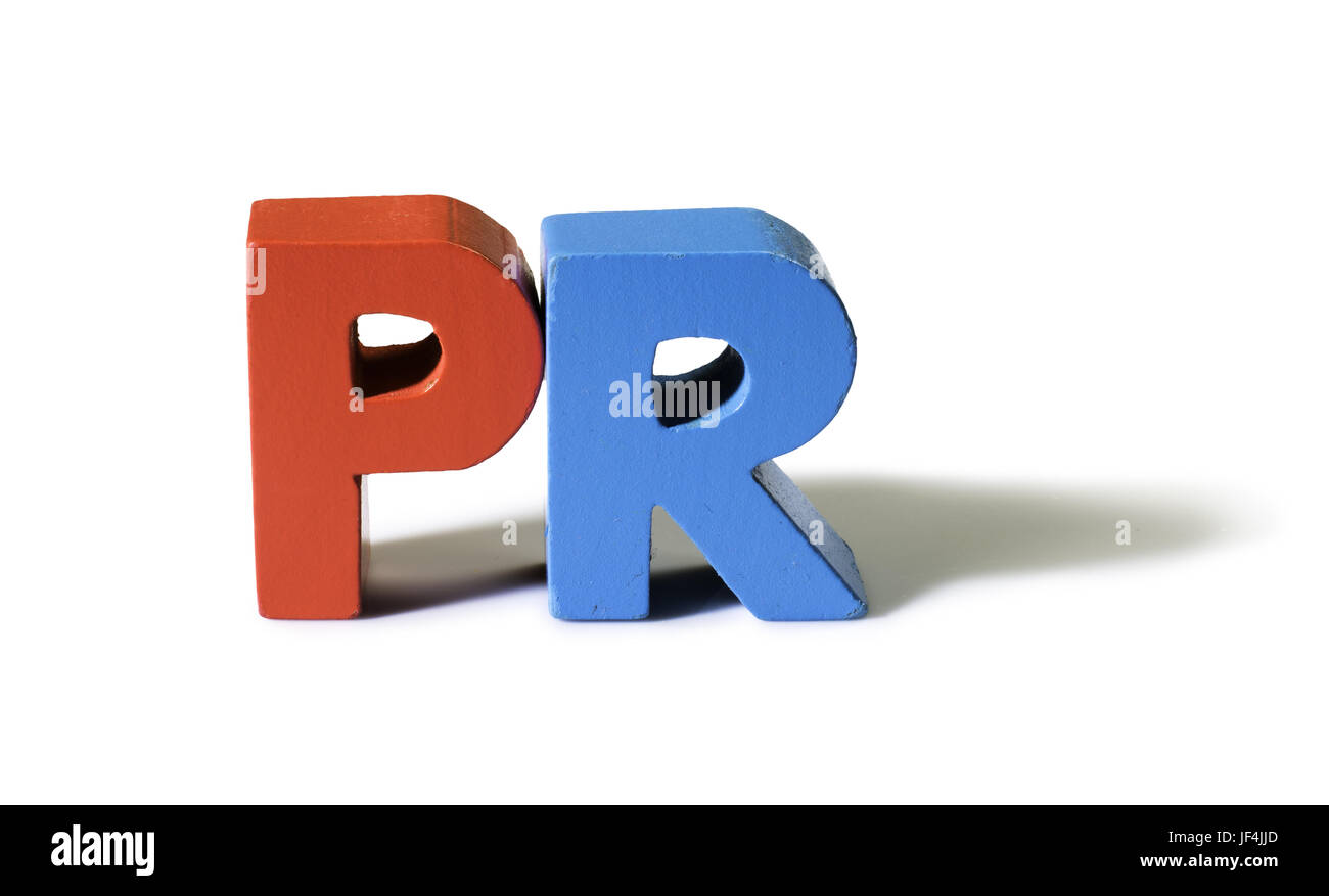 Multicolored word PR made of wood Stock Photo - Alamy