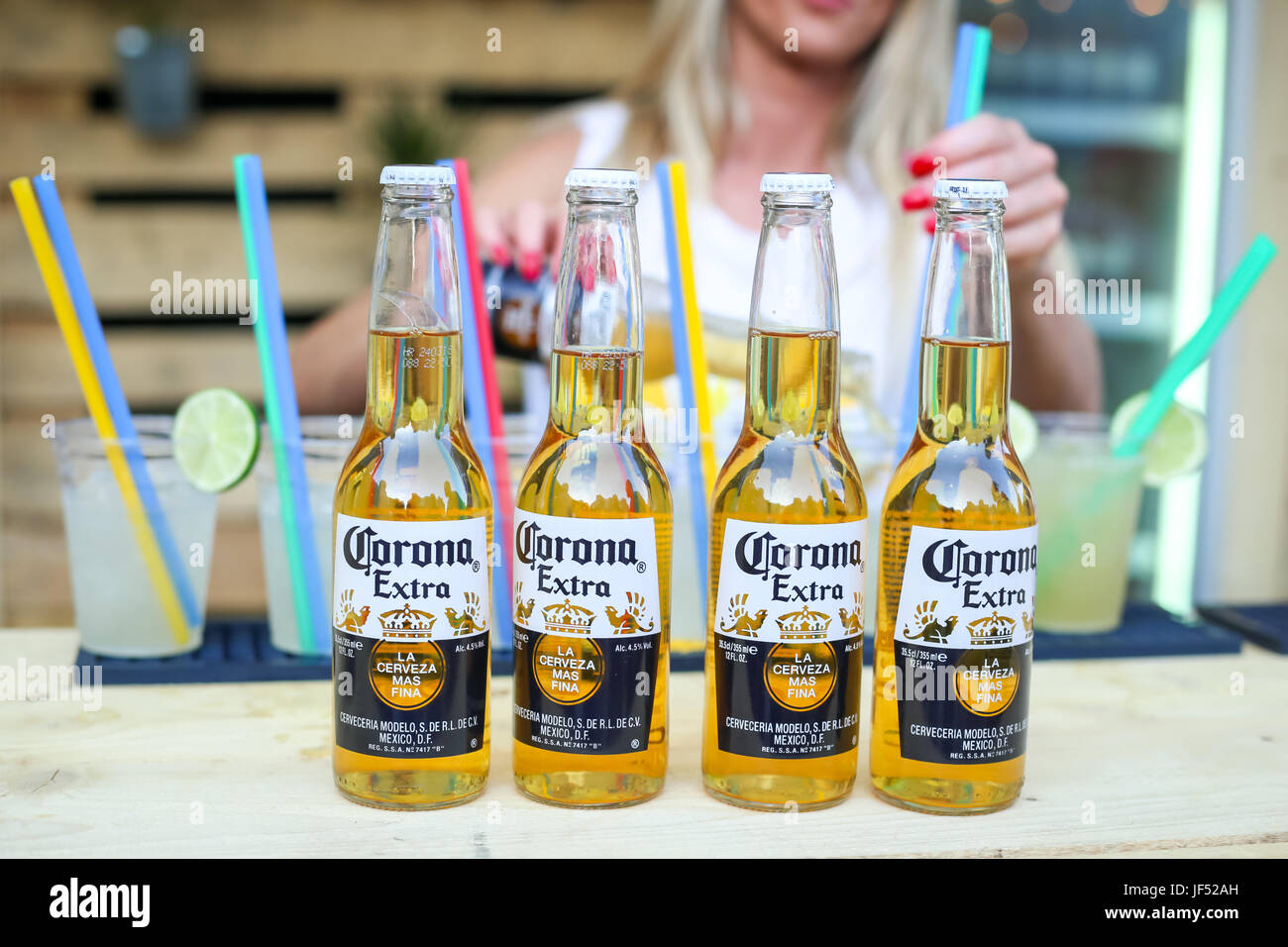 Zagreb, Croatia. 28th June, 2017. Detail of lined up Corona beer ...