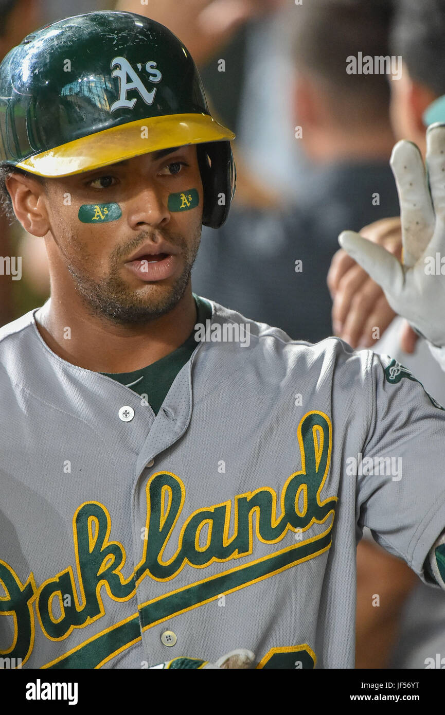 June 28, 2017: Oakland Athletics DH Khris Davis (2) celebrates a home ...