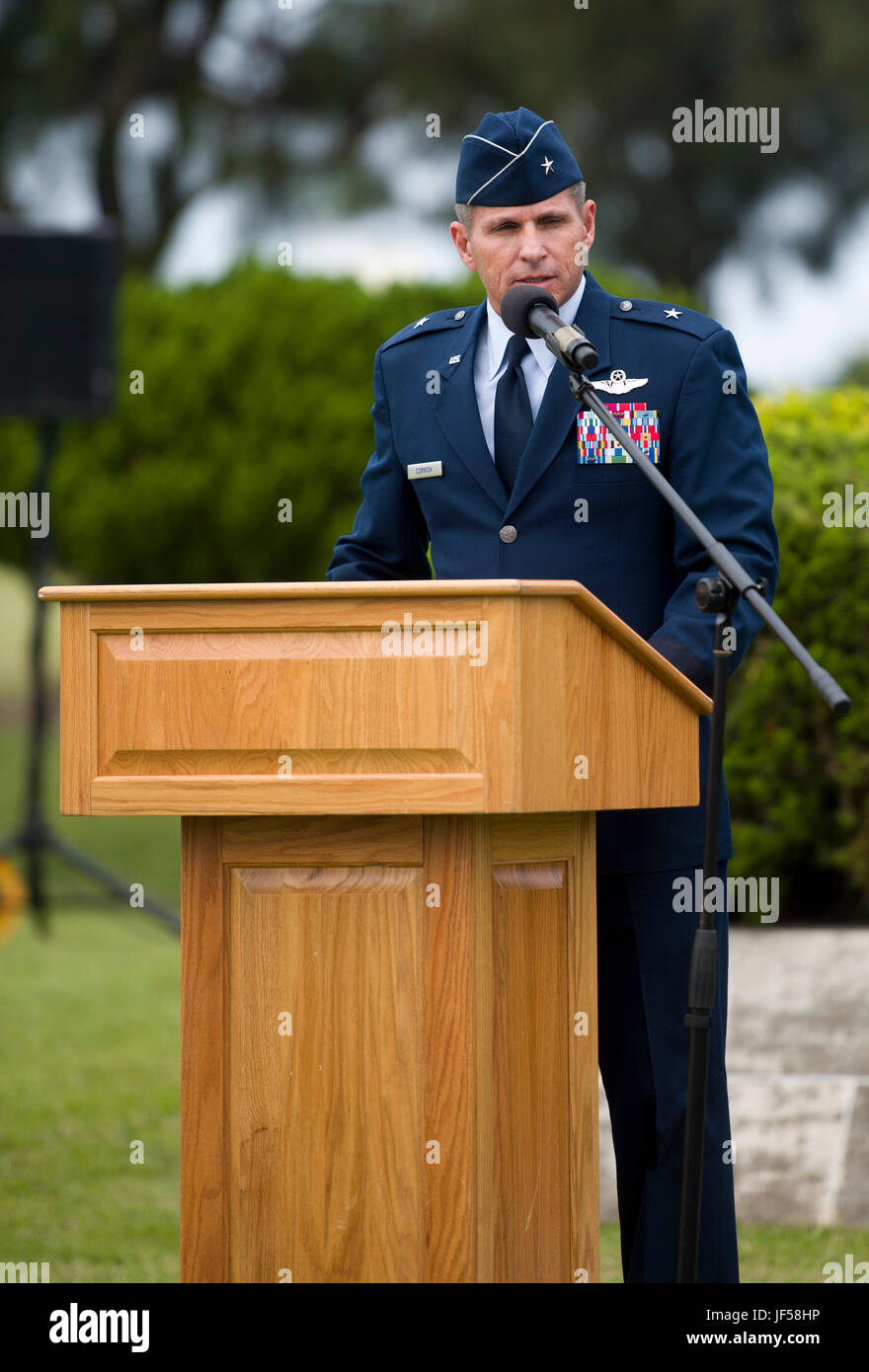 U.S. Air Force Brig. Gen. Barry Cornish, 18th Wing commander, gives a ...