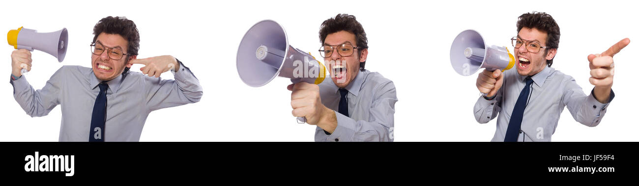 Man with loudspeaker isolated on white Stock Photo - Alamy