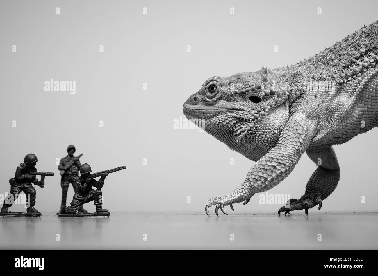 bearded dragon monster attacked by plastic soldiers Stock Photo - Alamy