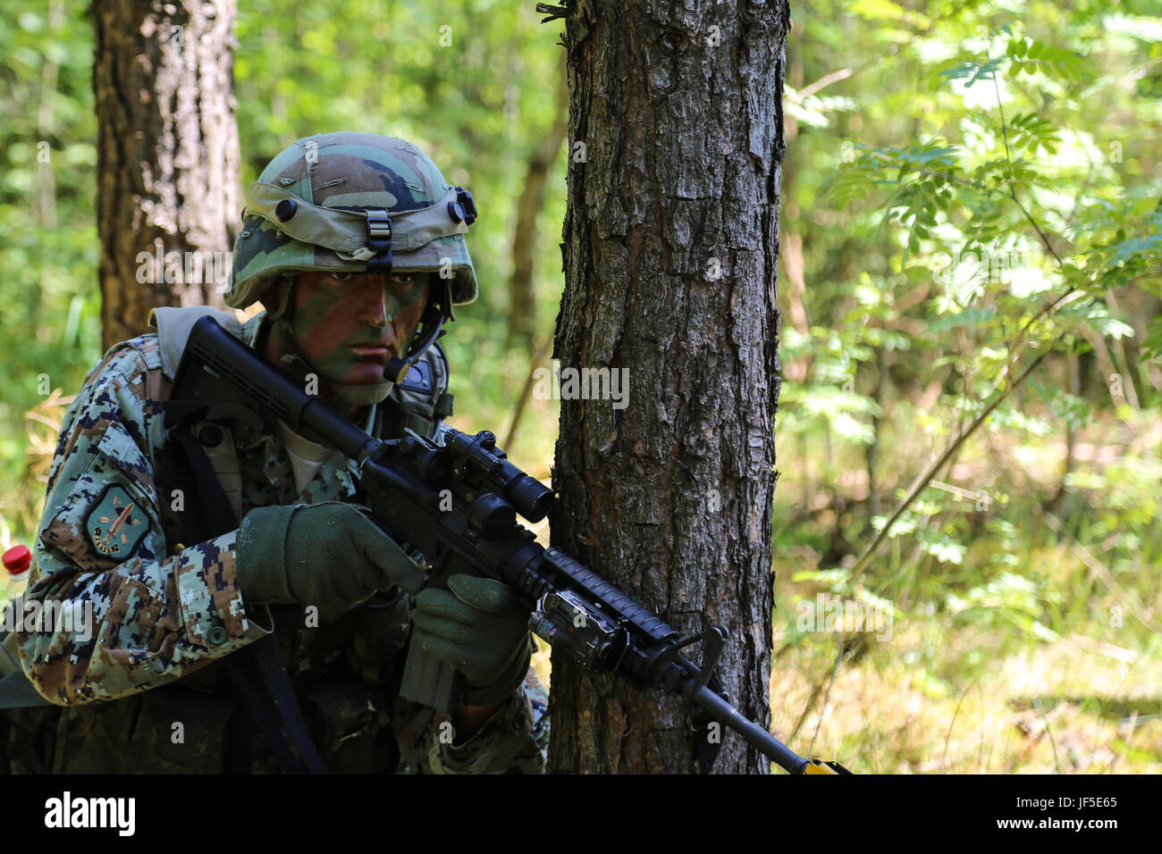A Macedonian Army Ranger tactically maneuvers while conducting resupply ...