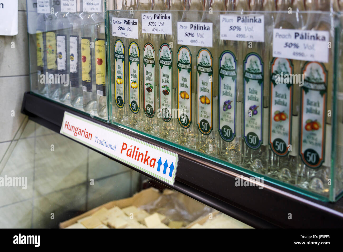 Bottles of Palinka, traditional Hungarian fruit brandy for sale in a ...