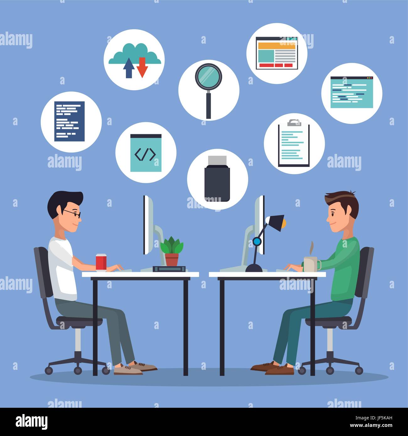 color background men worker in desk with computer and icons programming codes Stock Vector Image ...