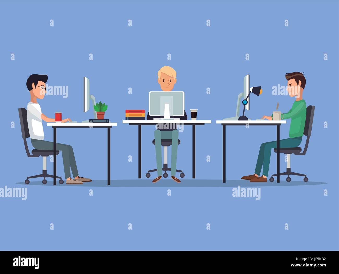 color scene background with web developer group men in desk programming ...