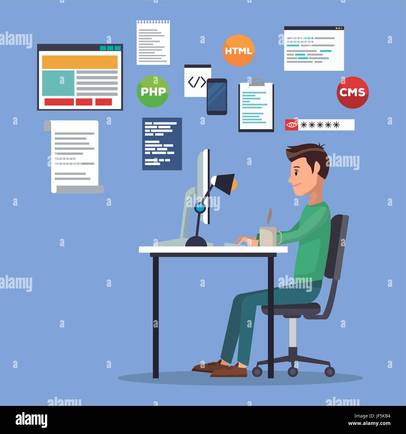color scene background with web developer man in desk programming ...