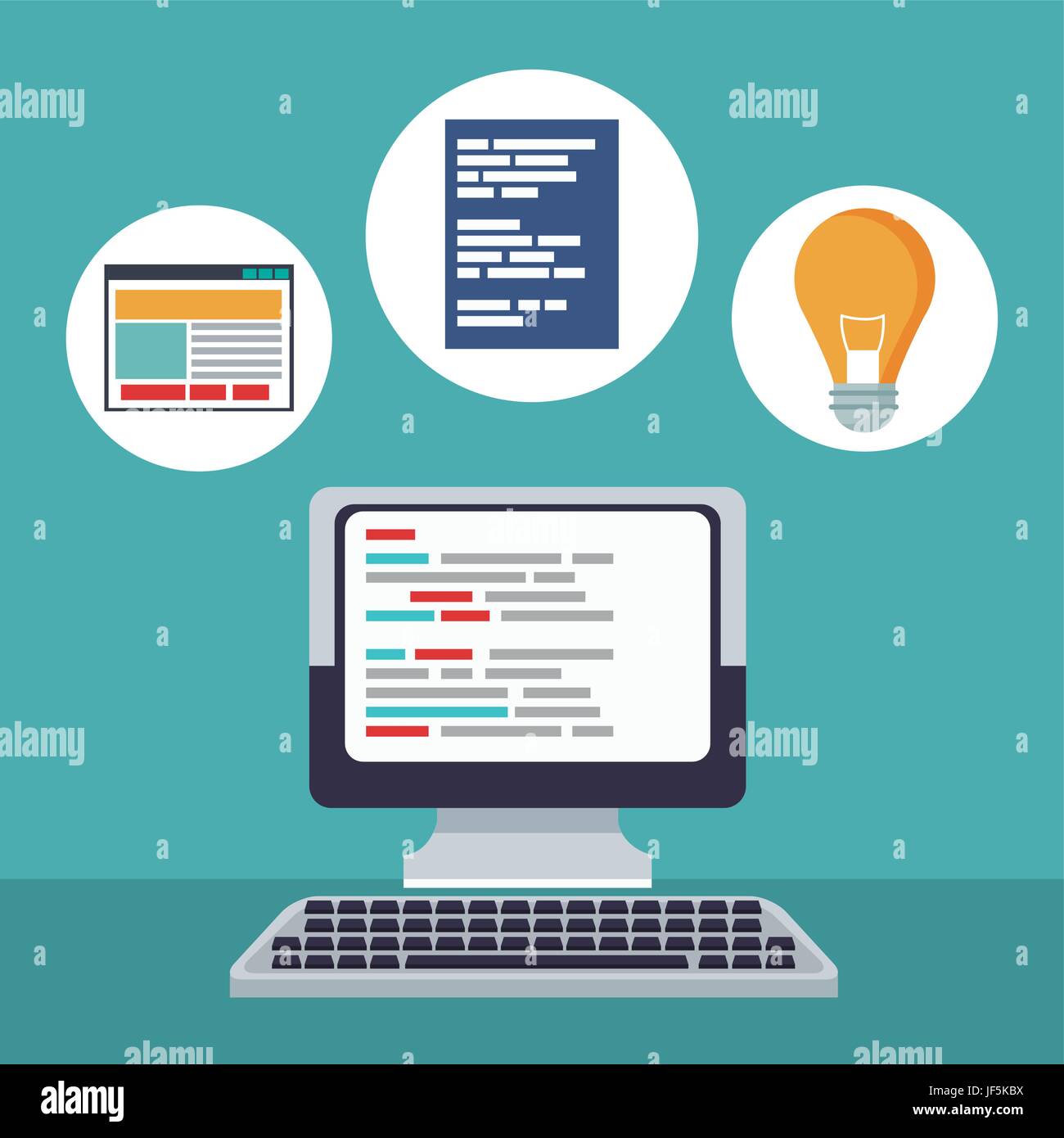 color background desk computer device with icons in circular frame of ...