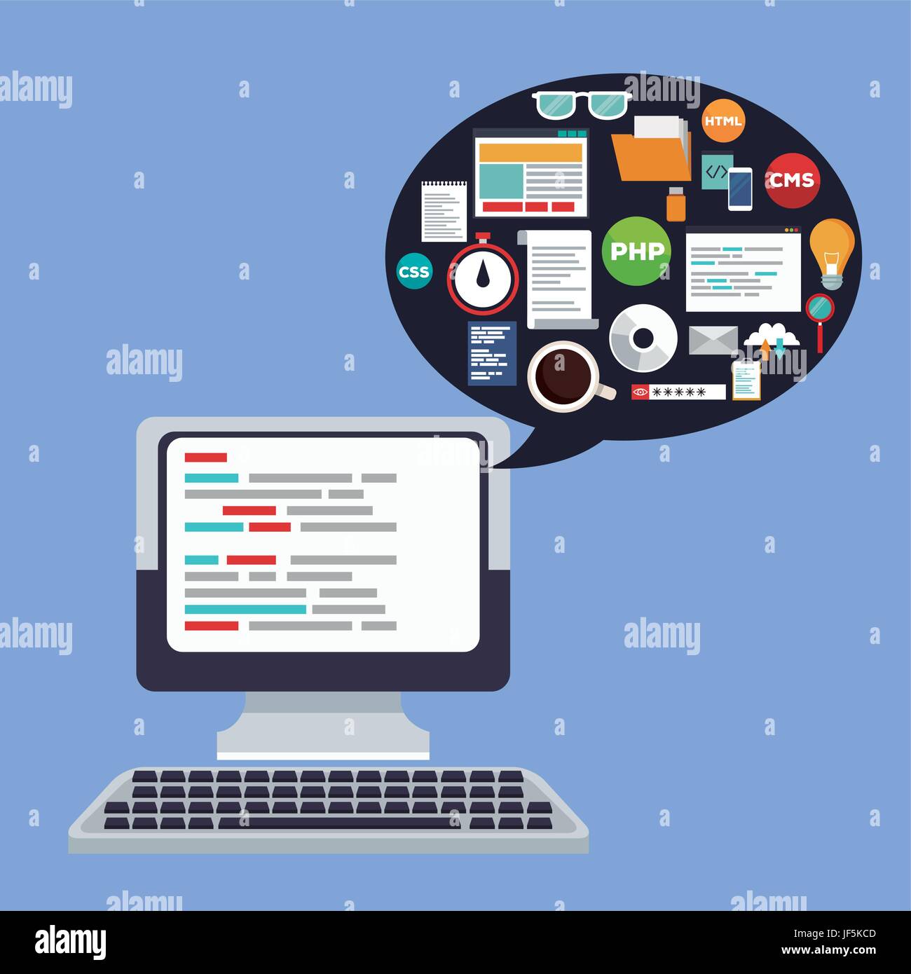 color background desk computer device with with dialog box and programming language elements ...