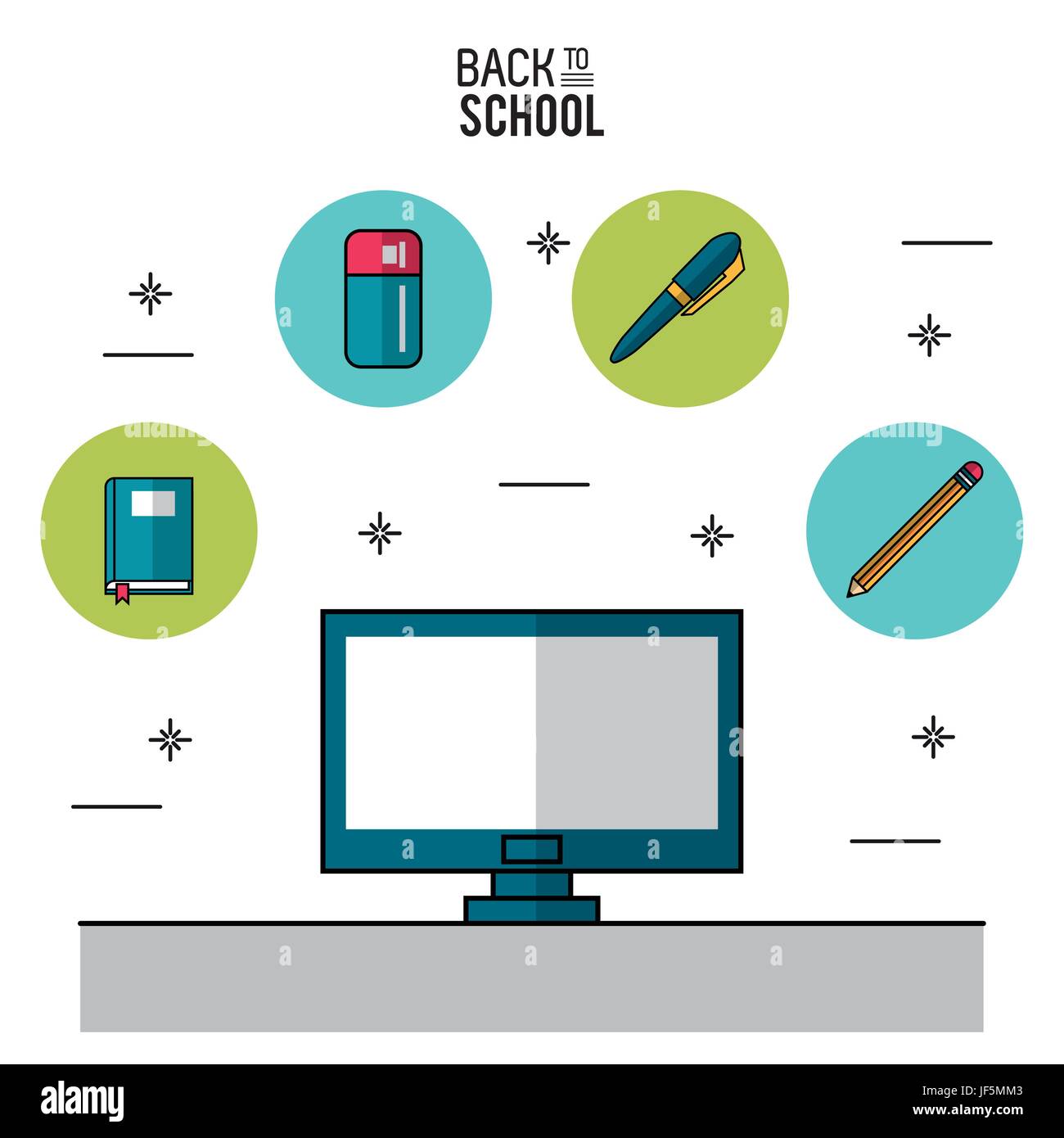 color poster of back to school with computer in closeup and icons in ...