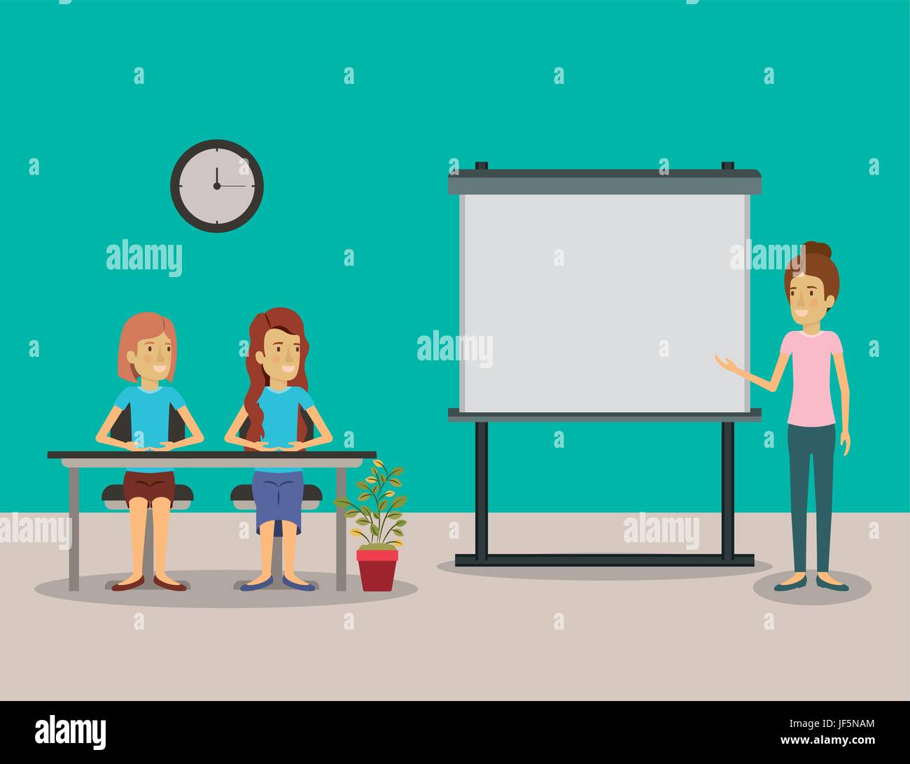 color background couple of women sitting in a desk for female executive ...