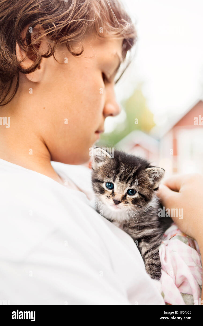 Boy with kitten Stock Photo - Alamy