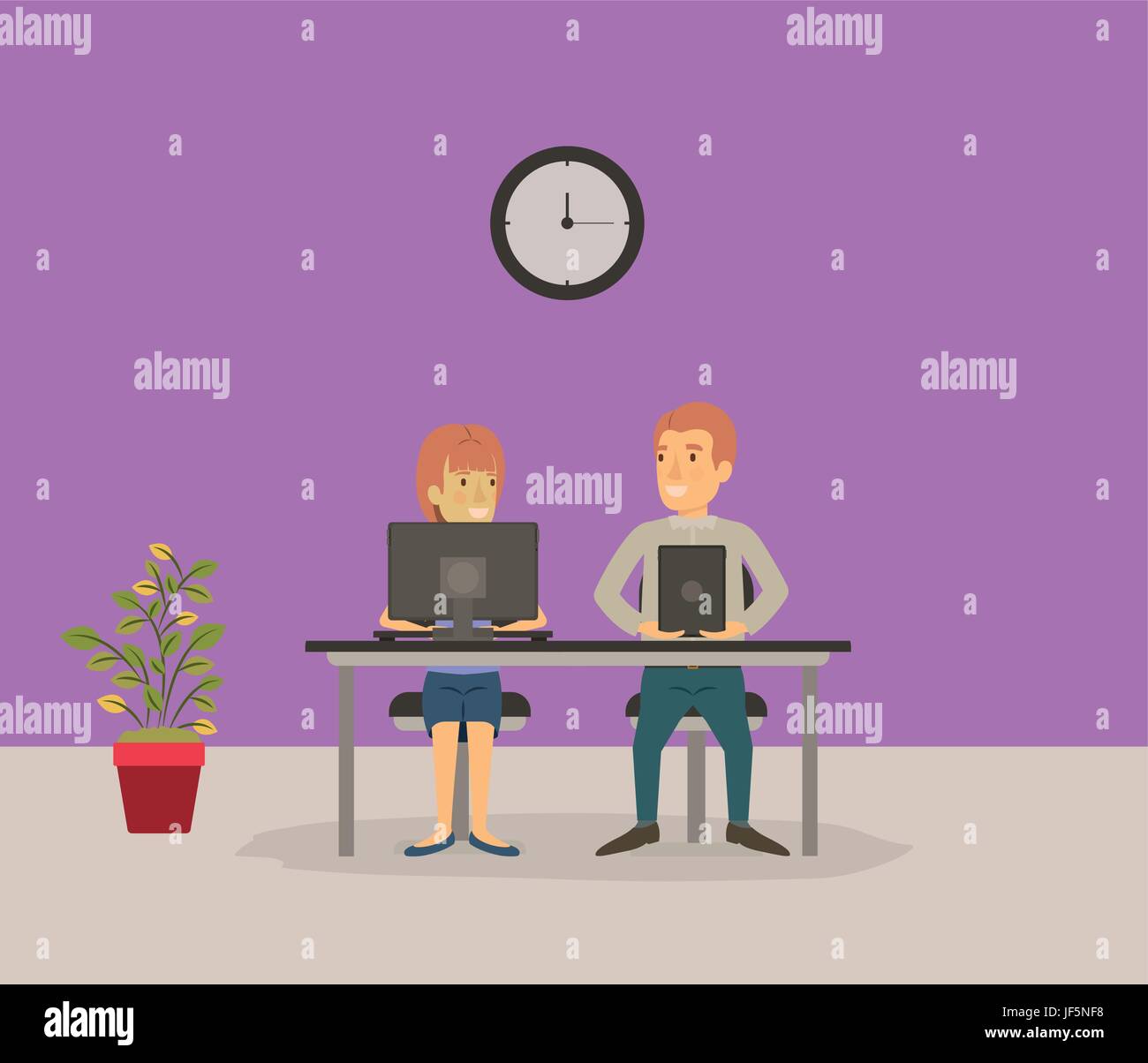 color background with couple coworker sitting in desk with tech devices ...