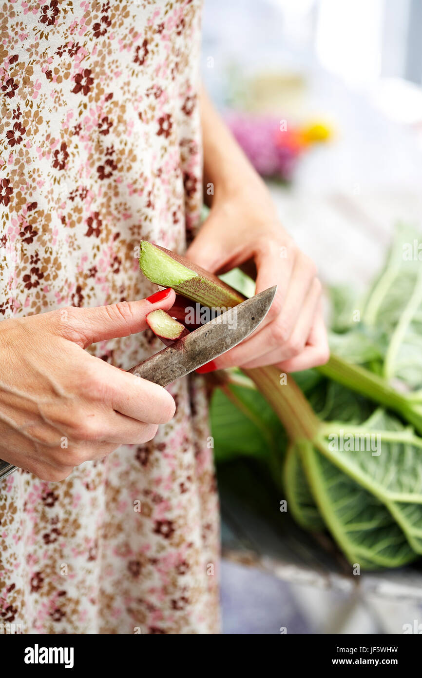 Woman cutting rhubarb Stock Photo - Alamy
