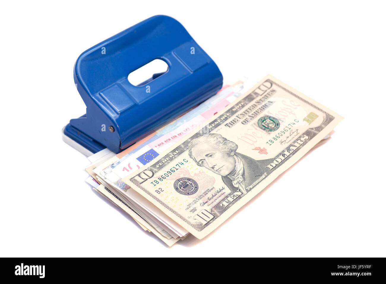 Puncher and money banknotes isolated on white Stock Photo - Alamy