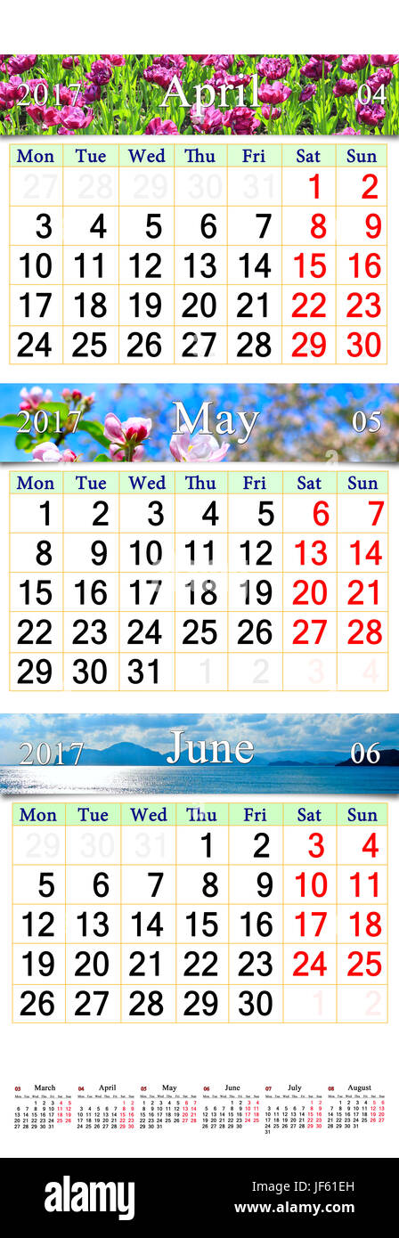 Calendar for April- June 2017 with pictures Stock Photo - Alamy