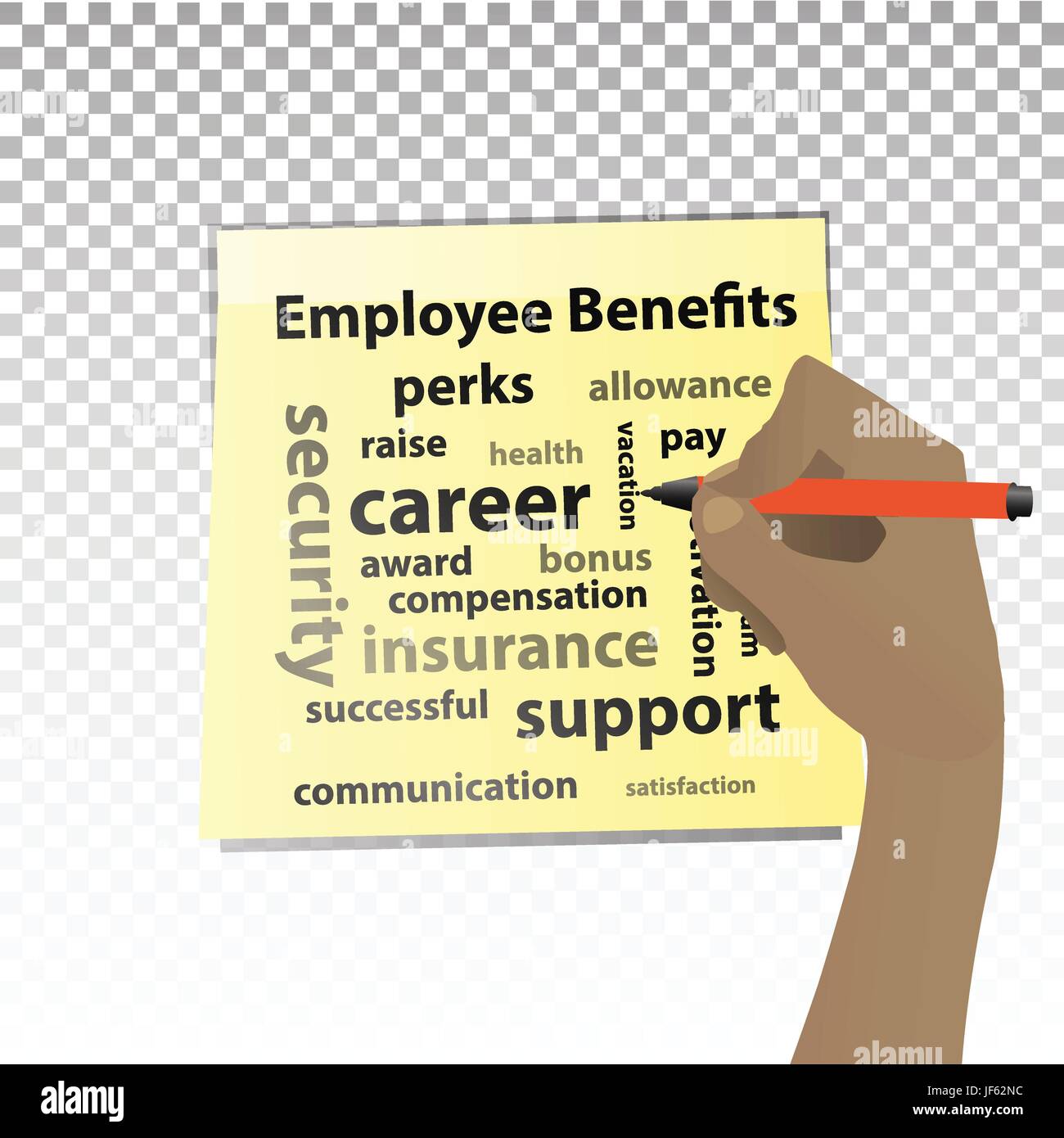 Employee Benefits. The hand is writing on a yellow sticker ...