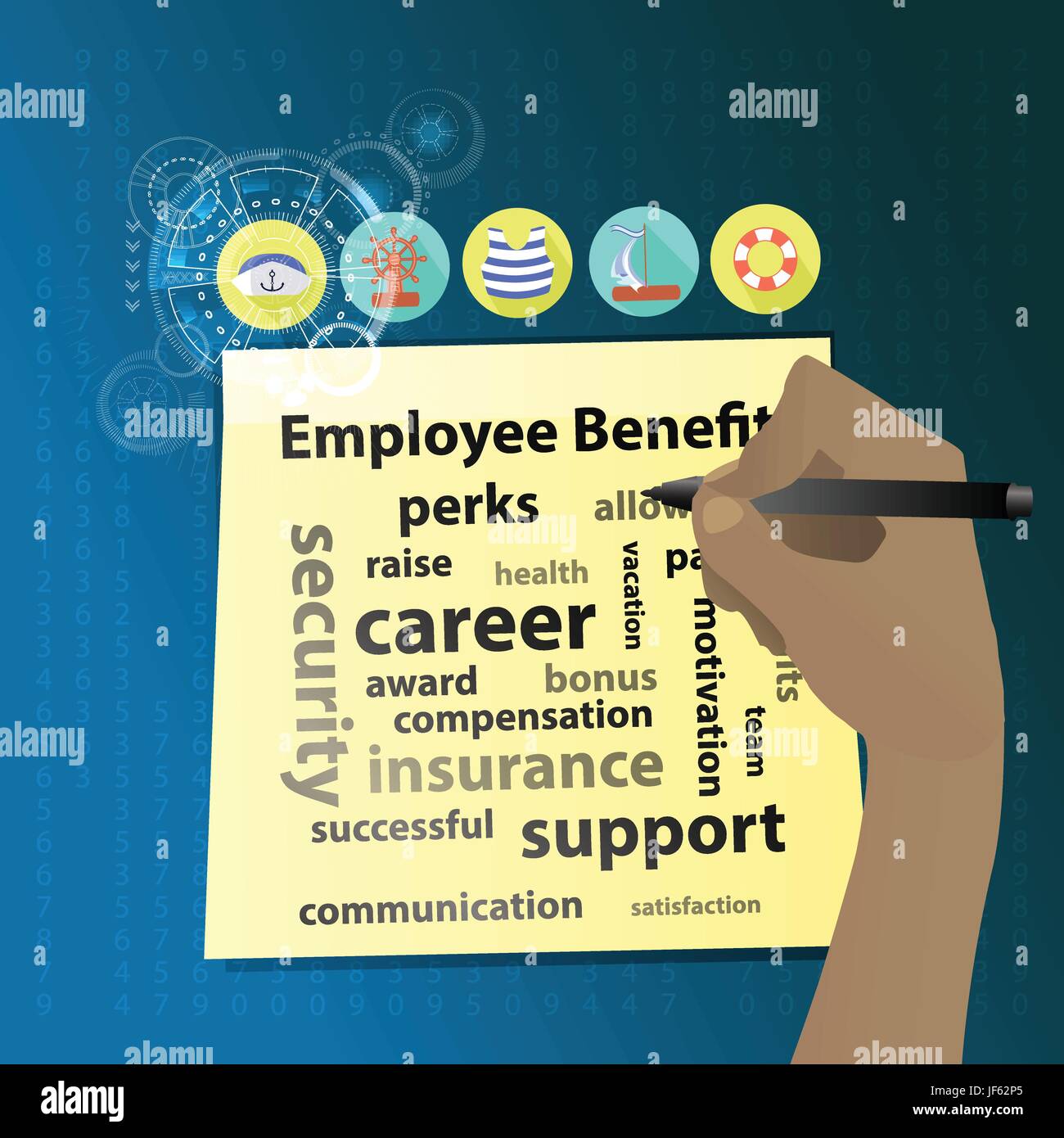 Employee Benefits. The hand is writing on a yellow sticker. Icons for ...