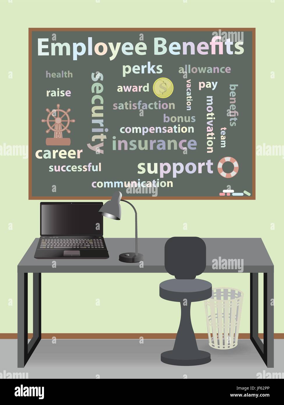 Employee Benefits. Office with a desk and inscriptions on the board ...