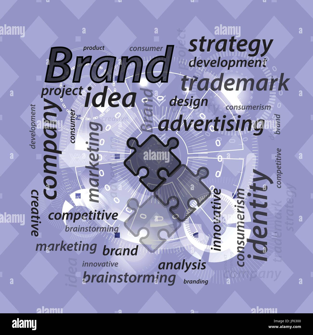 Brand concept. Inscriptions with a puzzle on a purple background ...