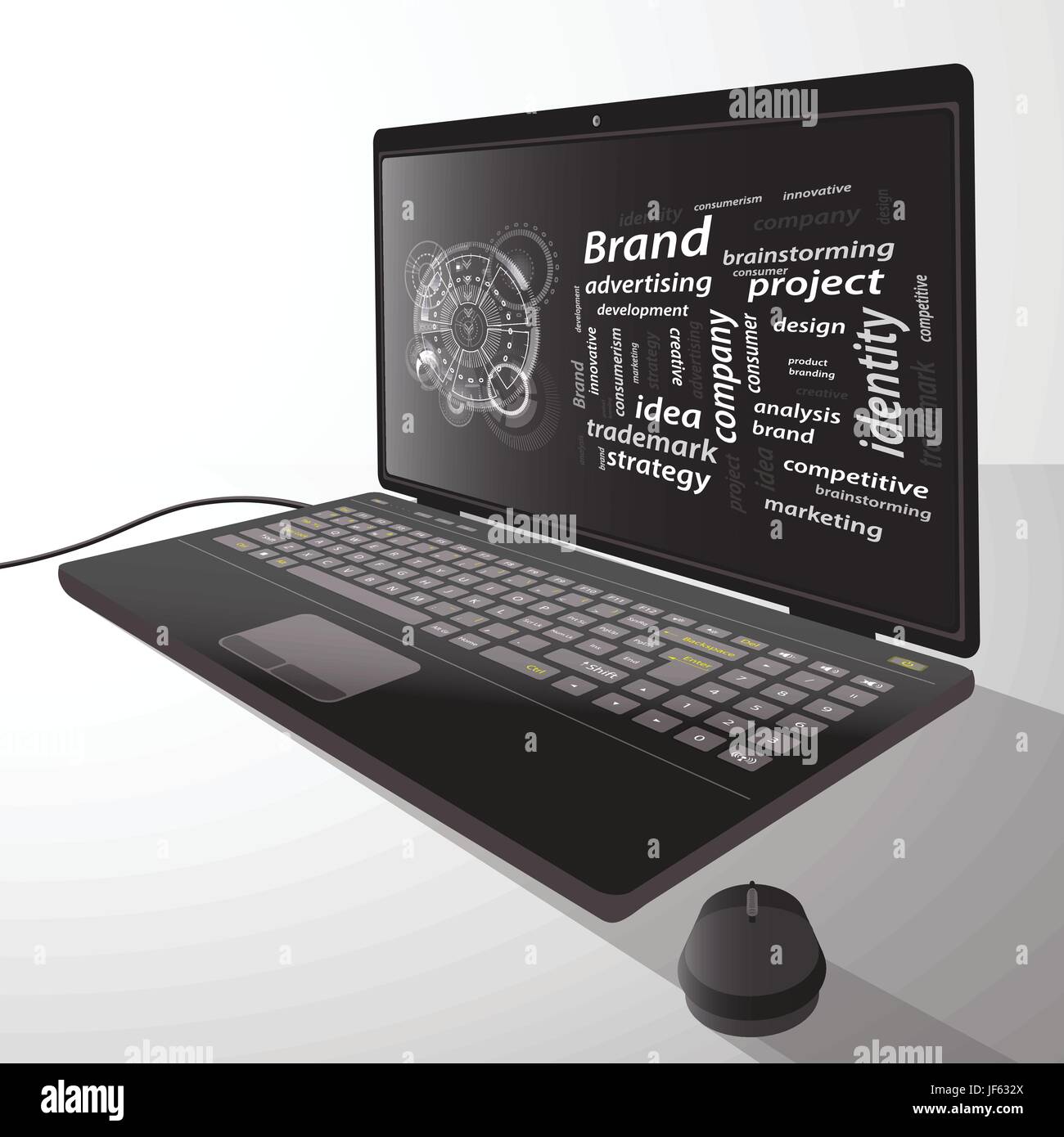 Brand concept. Inscriptions with a techno circle. Laptop, desktop ...