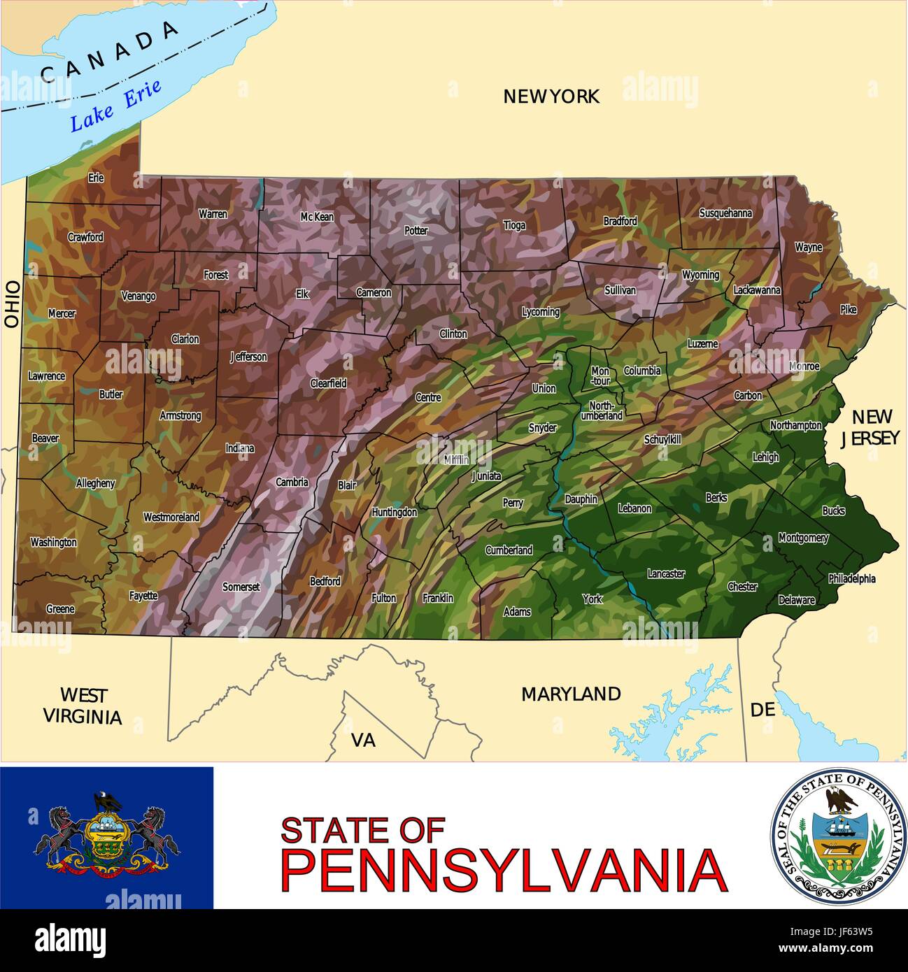 Pennsylvania state counties map flag coat hi-res stock photography and ...