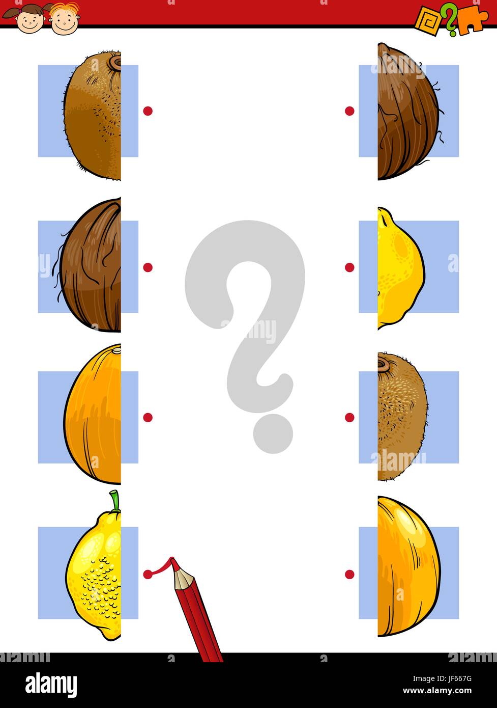 education, illustration, puzzle, half, cartoon, join, match ...