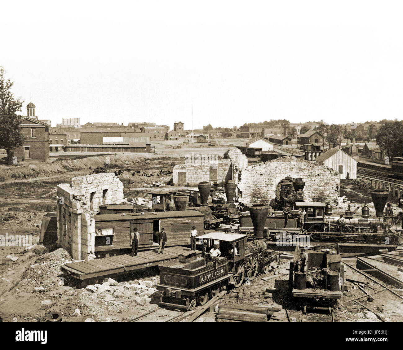 Roundhouse rail turntable amidst ruins of Atlanta. 1864. Photograph by ...