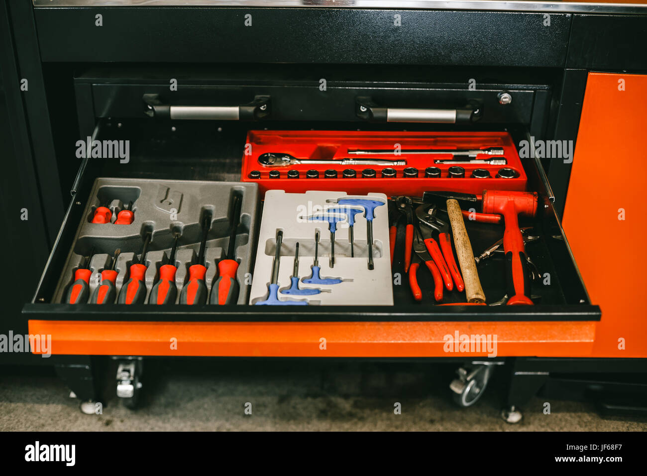 Professional tool set in the box of the car maintenance station ...