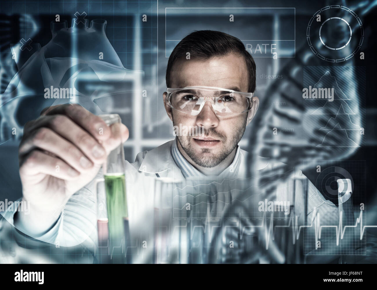 Handsome Scientist Making Research Over Dna Molecule Structure Stock
